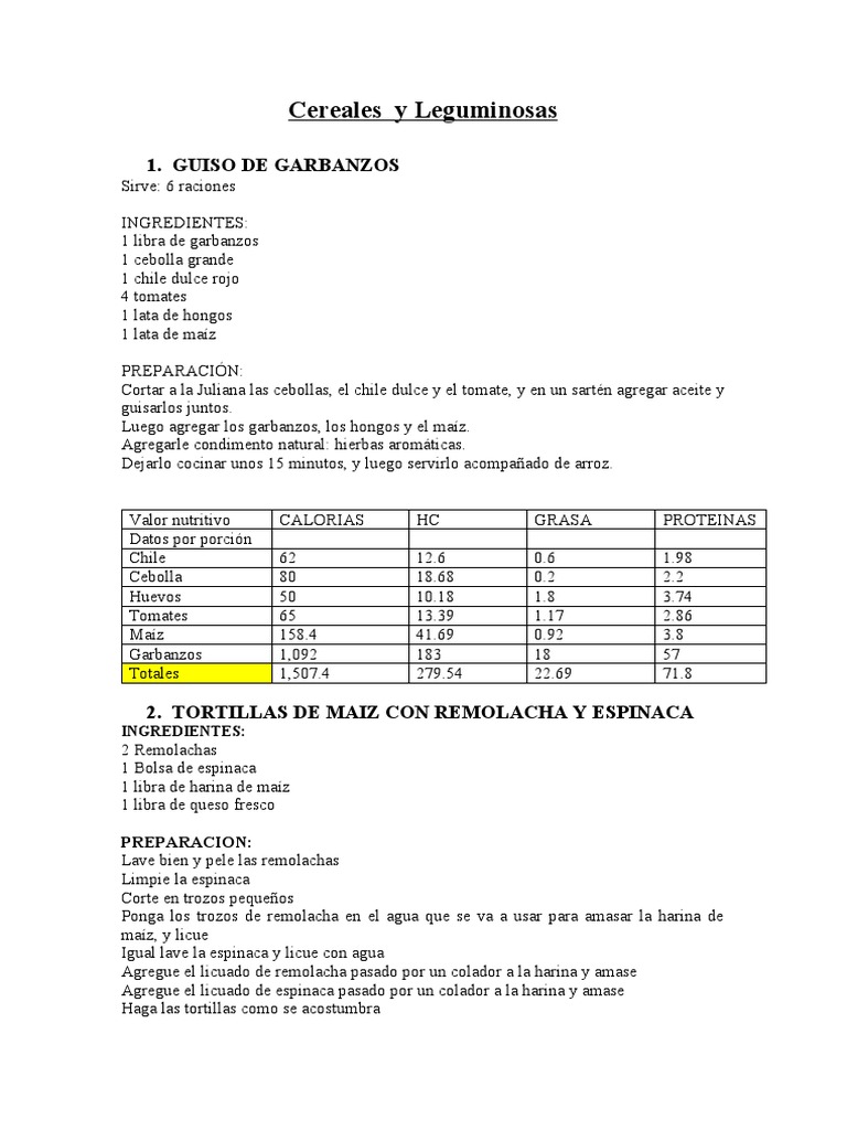 Recetas de Cereales y Leguminosas | PDF | ensalada | Maíz