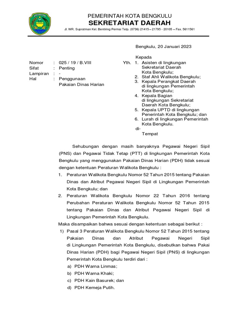 Surat Sekda 025 19 B.viii Hal Penggunaan PDH | PDF