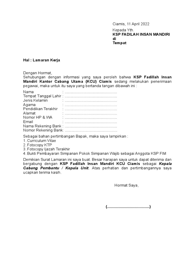 Surat Lamaran Kerja KSP Fadillah | PDF