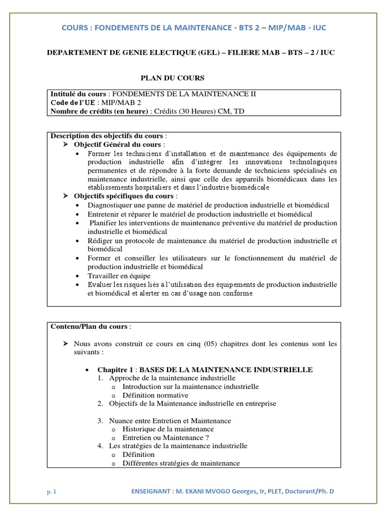 COURS Fondements de La Maintenance II | PDF | Planification | Prophylaxie