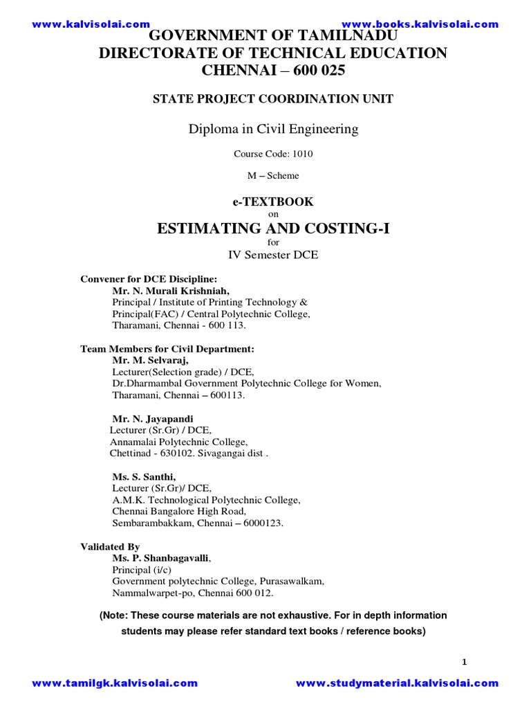 Civil Polytechnic Engineering-Estimating & Costing-1 Semester 4 Text ...