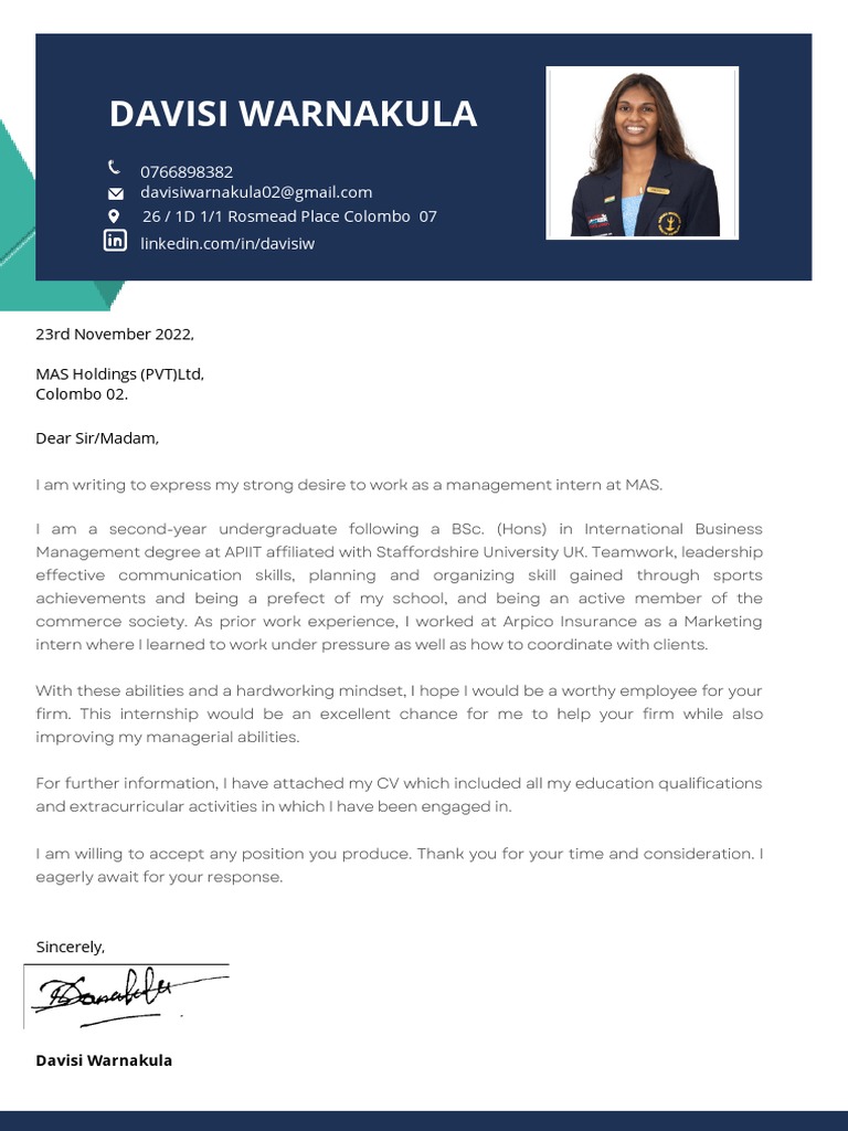 Application for a Management Internship at MAS Holdings: Cover Letter ...