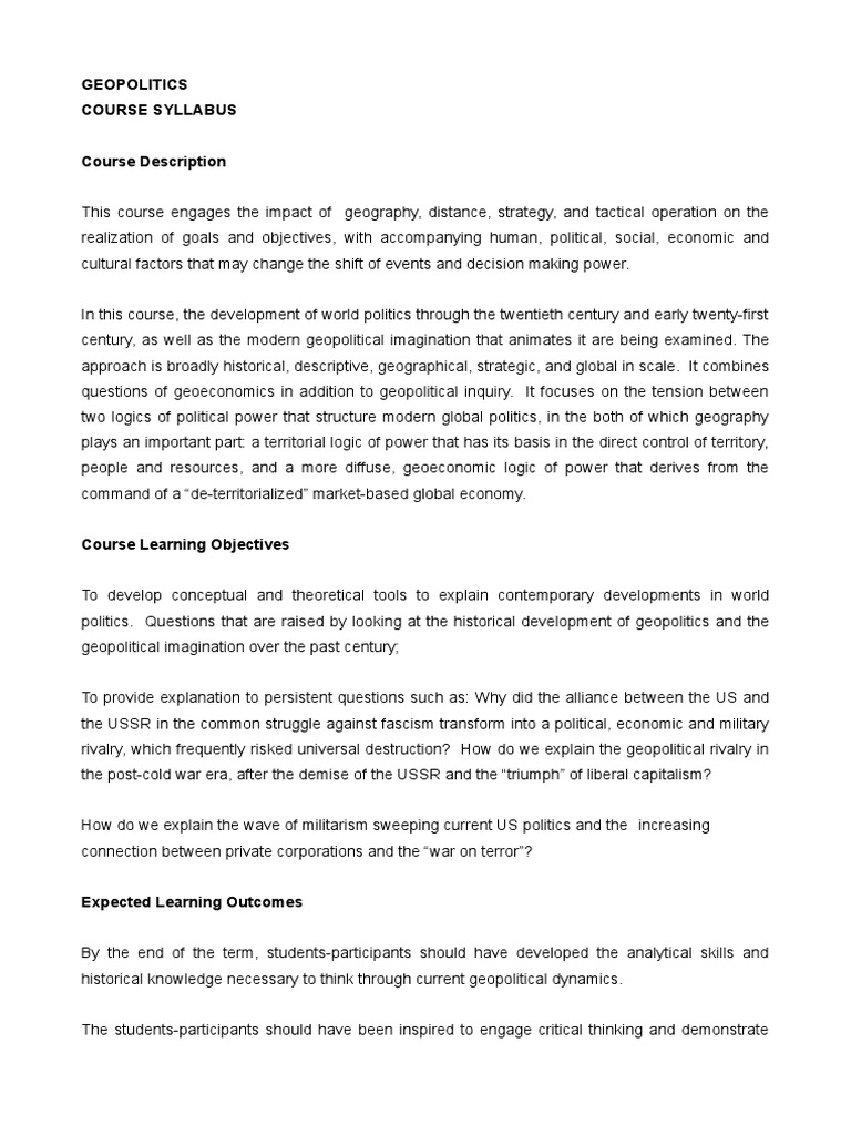 Geopolitics Course Syllabus Overview | PDF | Geopolitics | Imperialism