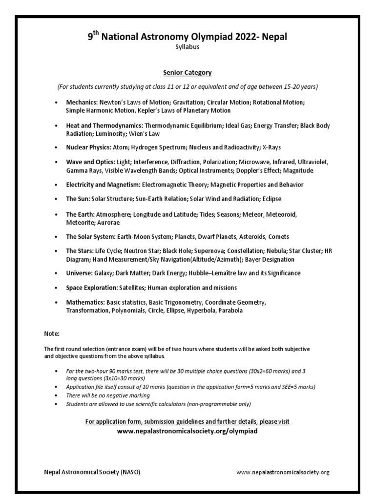 NAO2022 Syllabus Senior | PDF | Astronomy | Sun