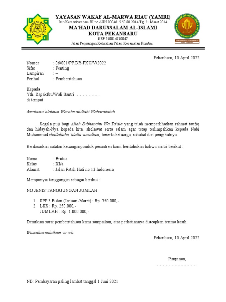 Pemberitahuan Tanggungan Santri YAMRI | PDF
