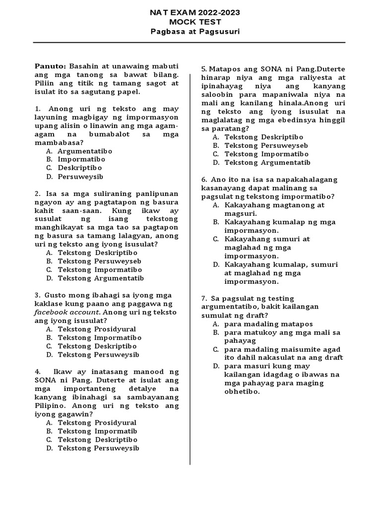 NAT Pagbasa at Pagsusuri | PDF