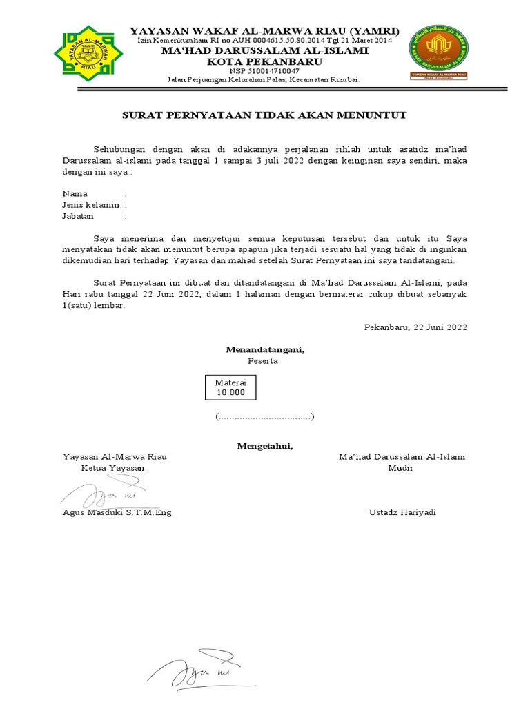 Surat Pernyataan Tidak Akan Menuntut | PDF