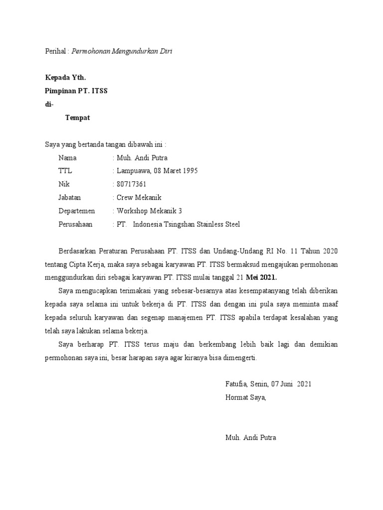 Surat Permohonan RESIGN 30H | PDF