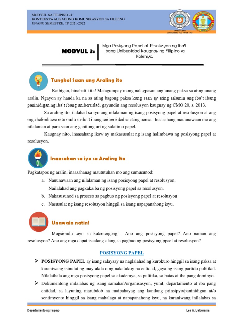 MODYUL 3 Mga Posisyong Papel at Resolusyon | PDF