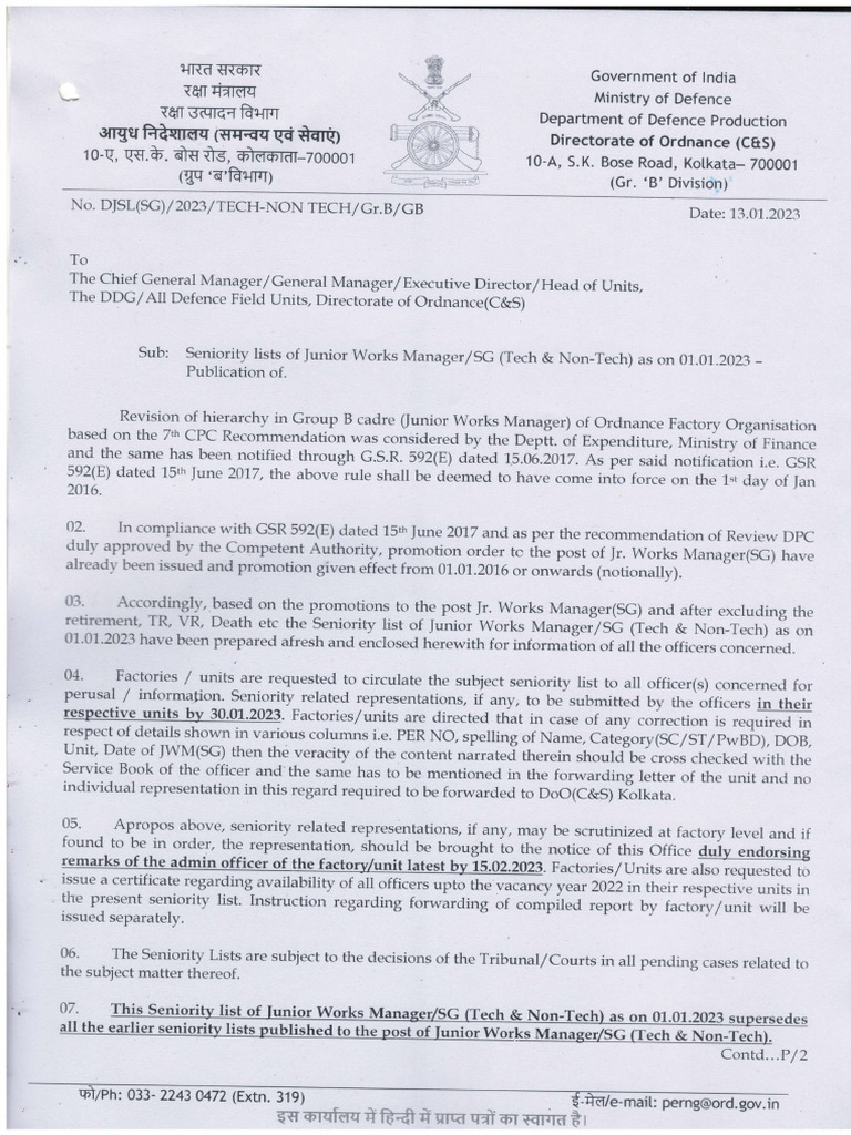 Junior Works Manager Seniority List 2023 | PDF