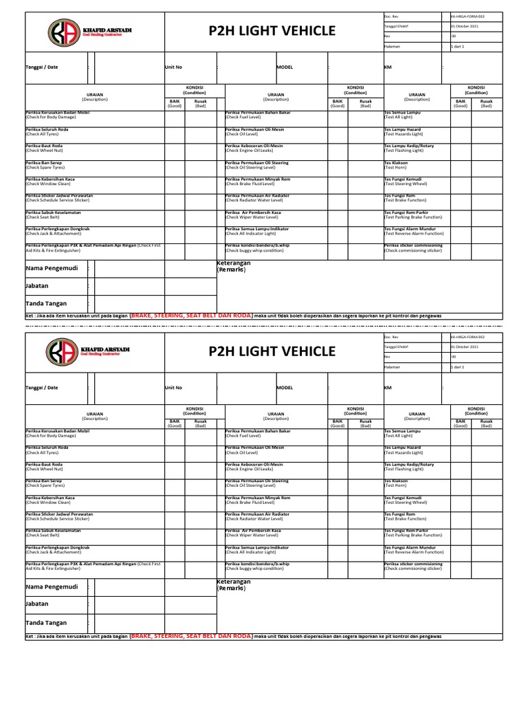 FORM INSPEKSI KENDARAAN RINGAN | PDF