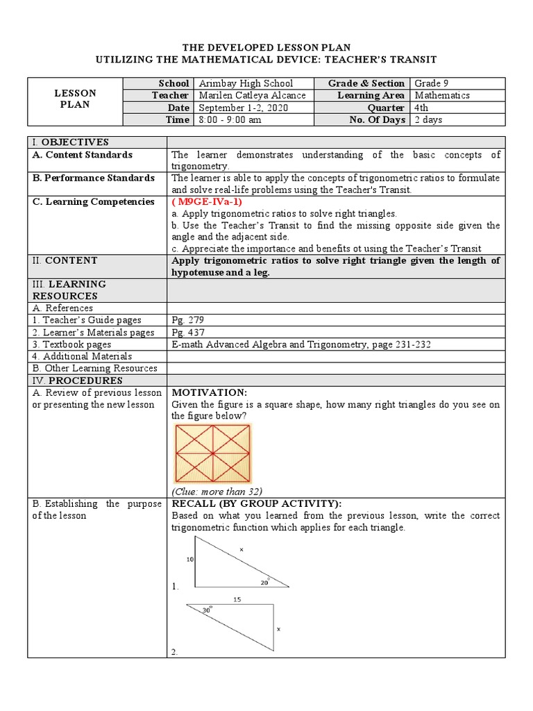 Trigonometric Ratio Lesson Plan | PDF | Trigonometric Functions | Trigonometry