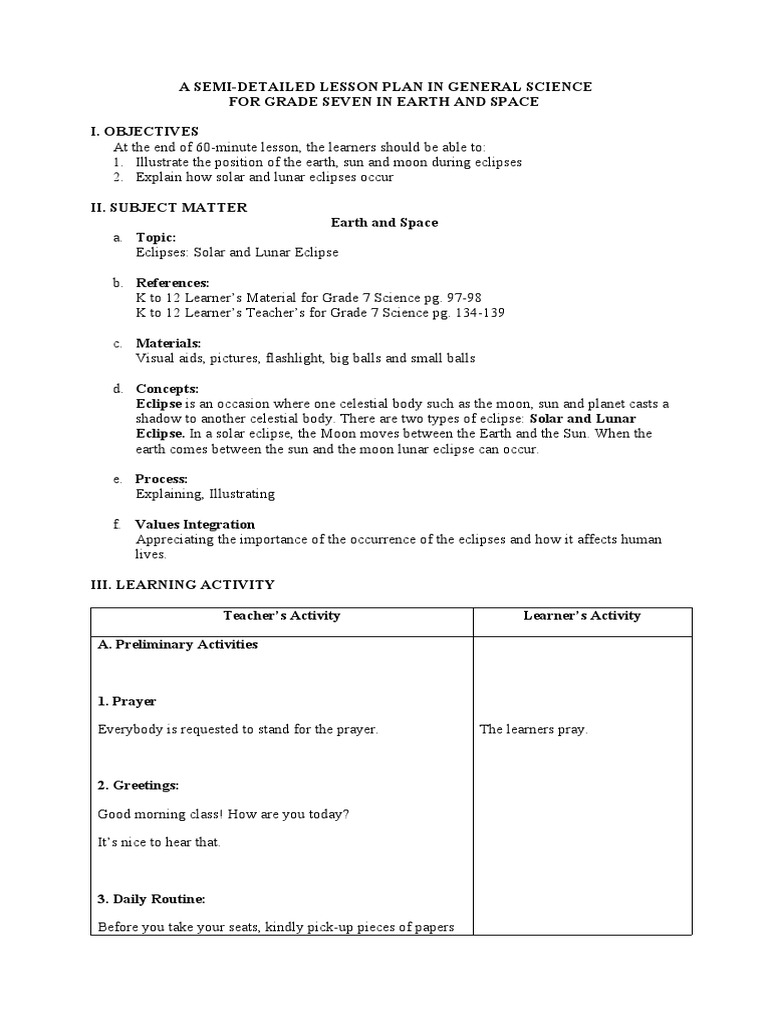 Grade 7 Science Lesson on Solar and Lunar Eclipses | PDF | Solar ...