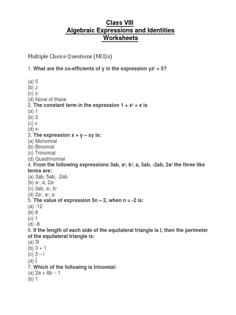 Class 8 Maths Algebra Worksheet | PDF | Abstract Algebra | Elementary ...