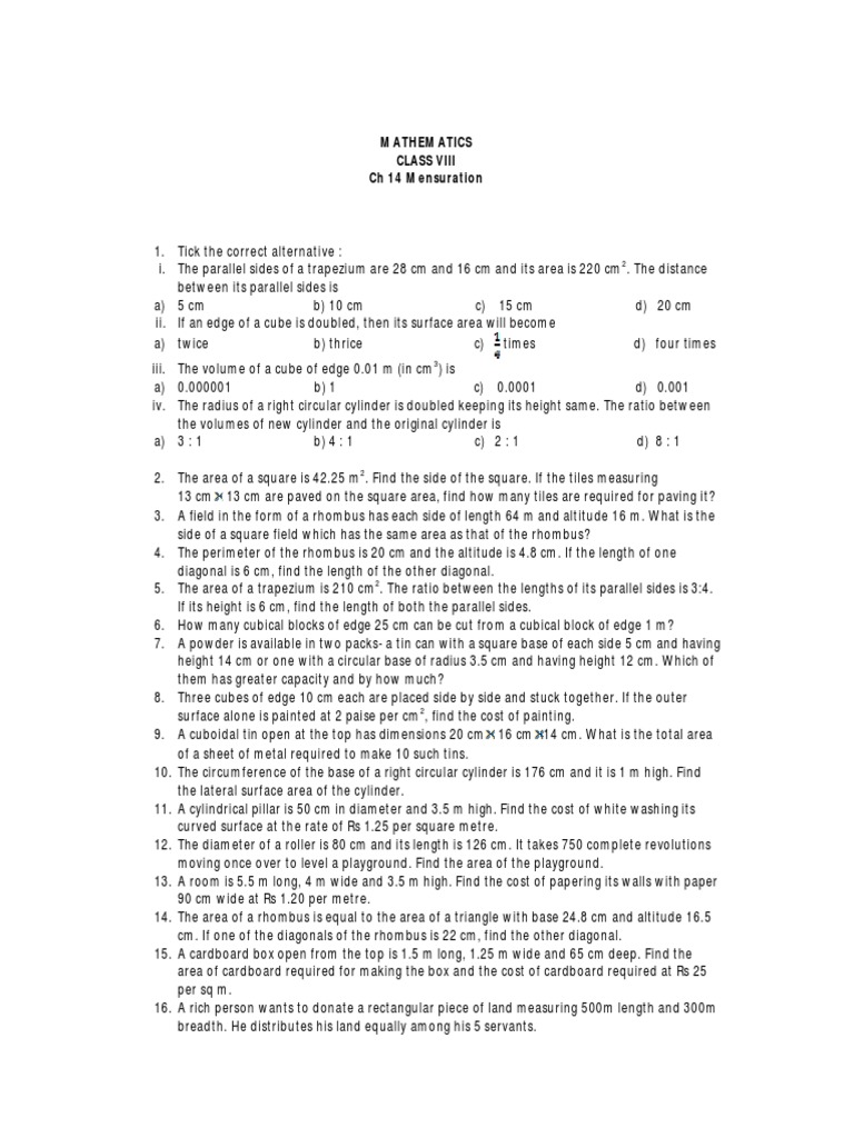 CBSE Class 8 Mathematics Ptactice Worksheet | PDF | Area | Metrology