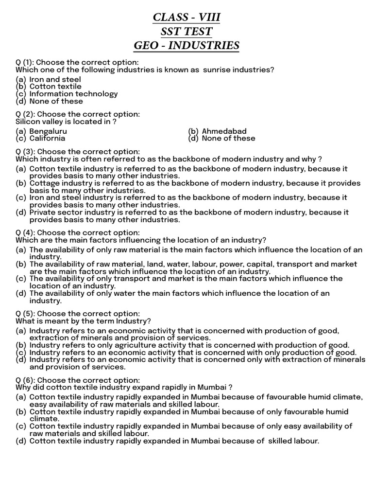 Class 8 SST Test Geo Industries | PDF