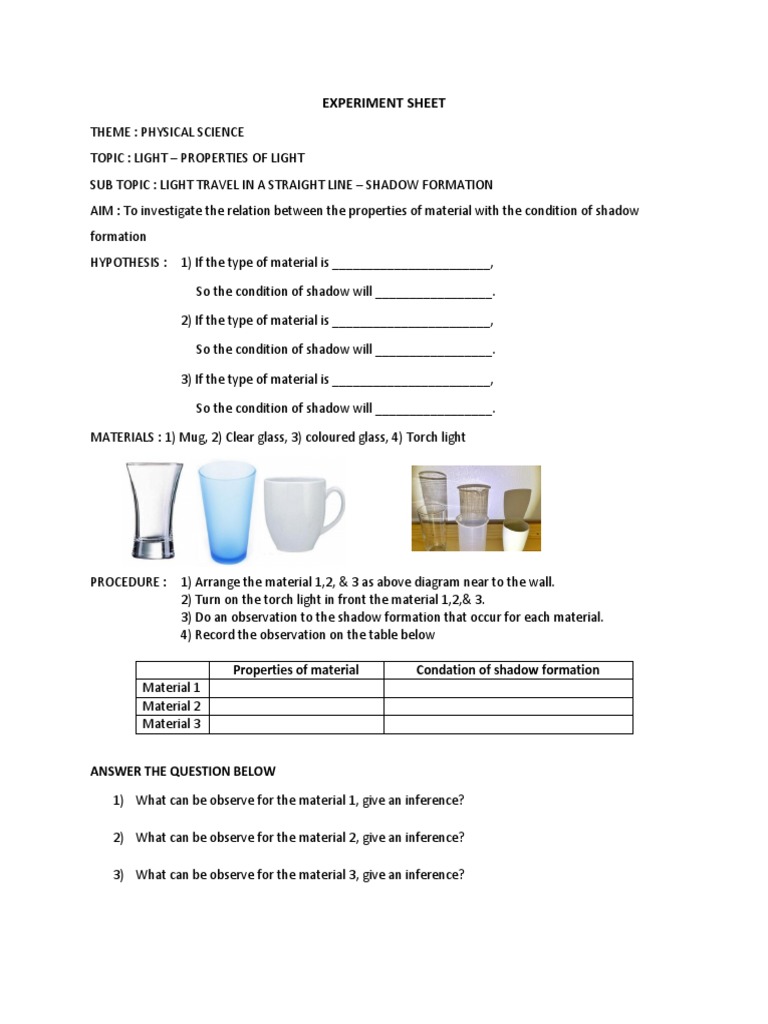 Experiment Sheet Shadow Formation Pdf
