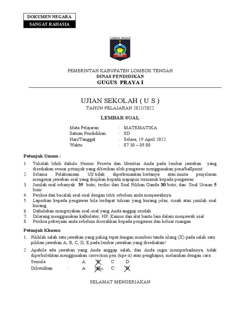 Soal Us SD Matematika 2022 | PDF
