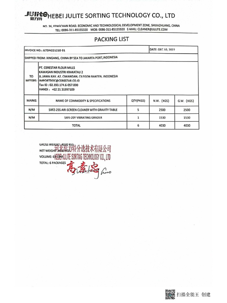 Packing List Julite Aju 733 | PDF