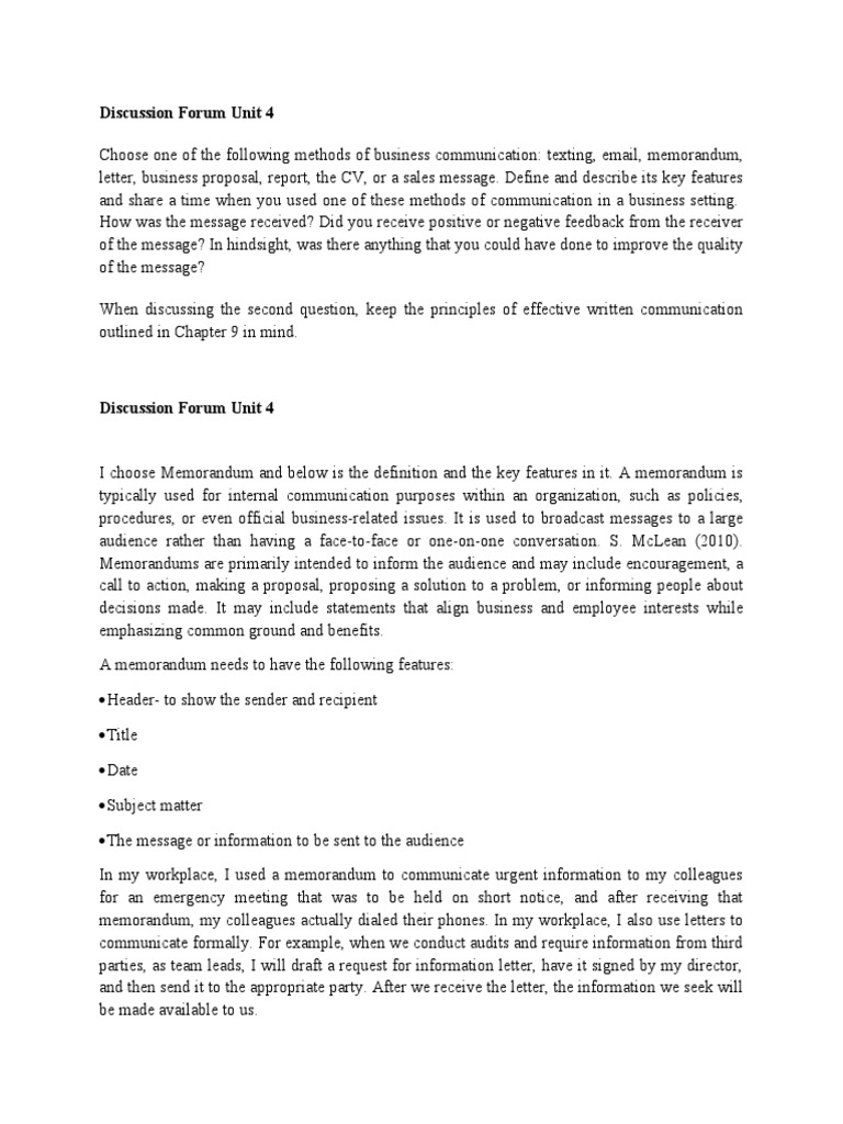 Discussion Forum Unit 4 | PDF | Memorandum | Communication