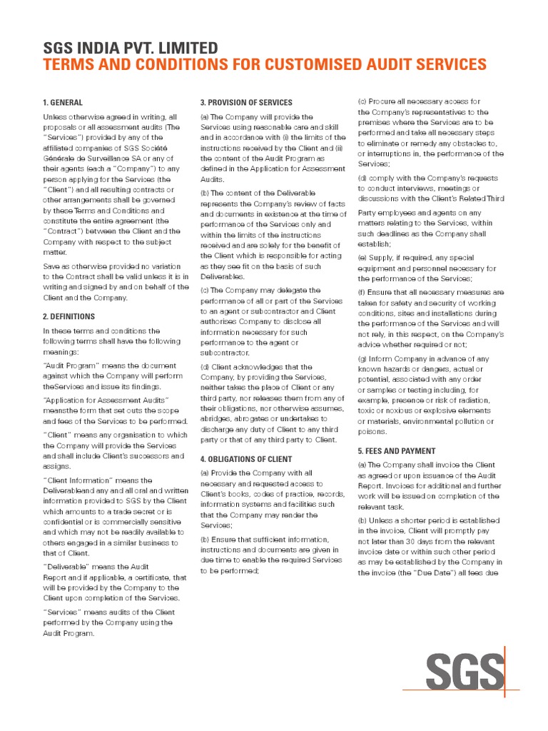 SGS India Social Audit General Conditions For Customised Audit Services | PDF | Indemnity ...