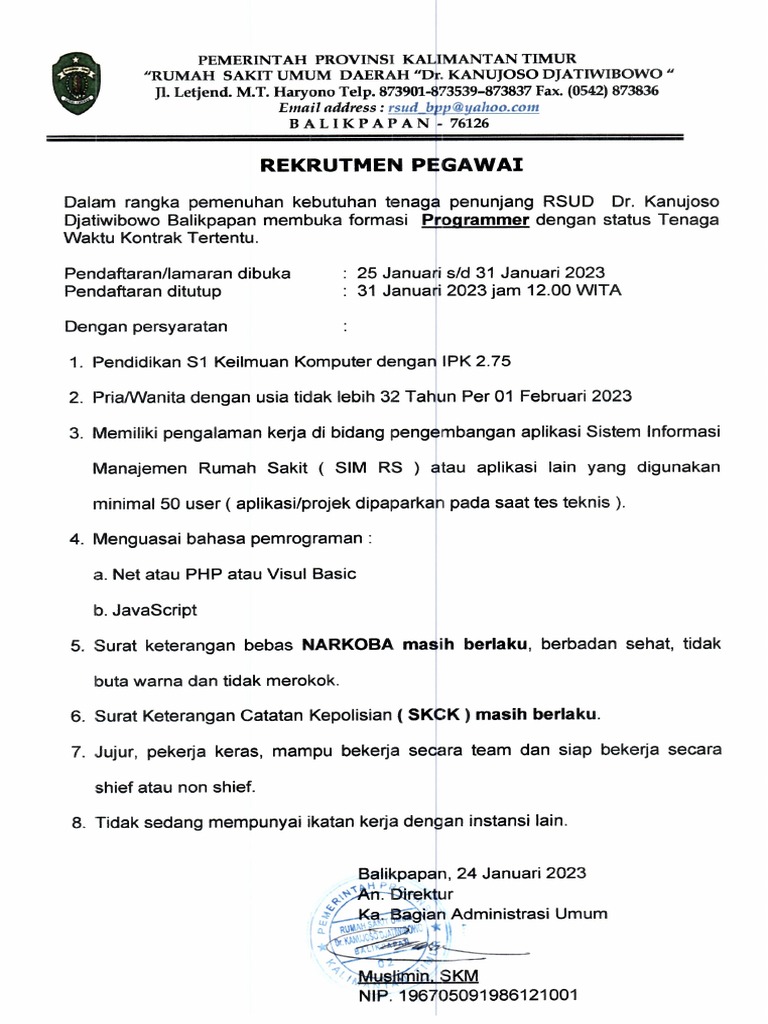 Lowongan Kerja Instalasi PDE RSKD 2023 | PDF Lowongan Kerja Instalasi PDE RSKD 2023 | PDF