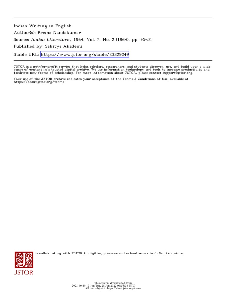 Indian Writing in English - Prema Nandakumar | PDF