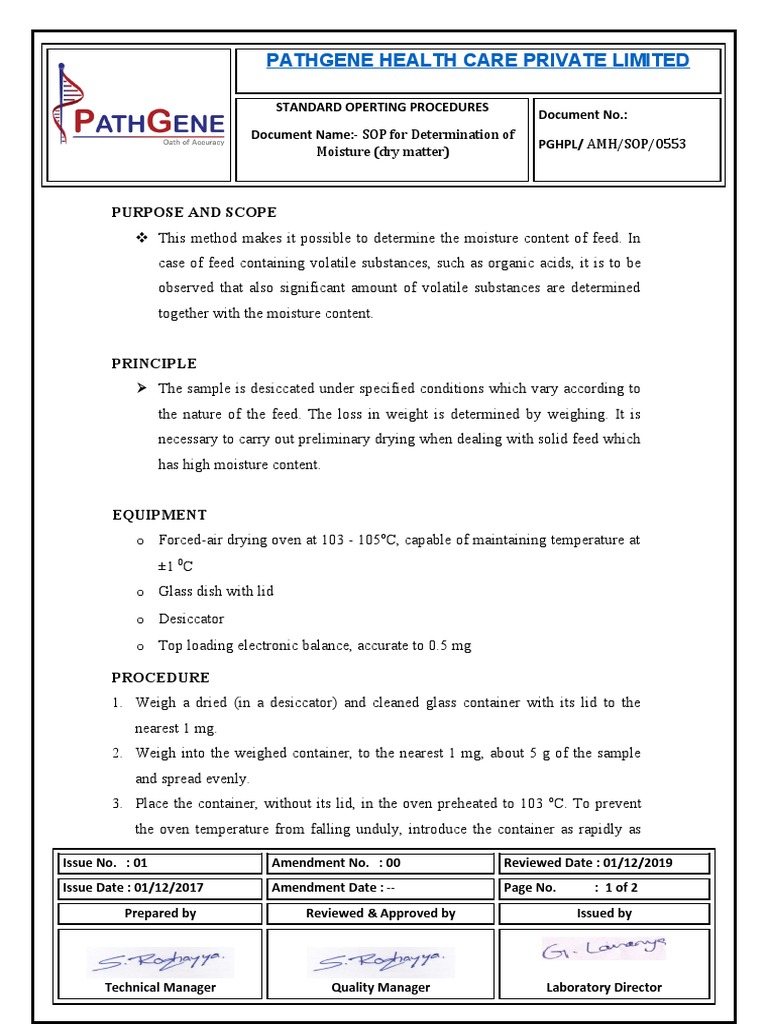 SOP for Moisture Content Determination | PDF | Weight
