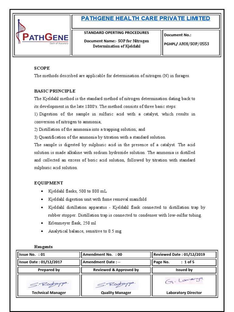 SOP For Nitrogen Determination of Kjeldahl | PDF | Chemistry | Physical ...