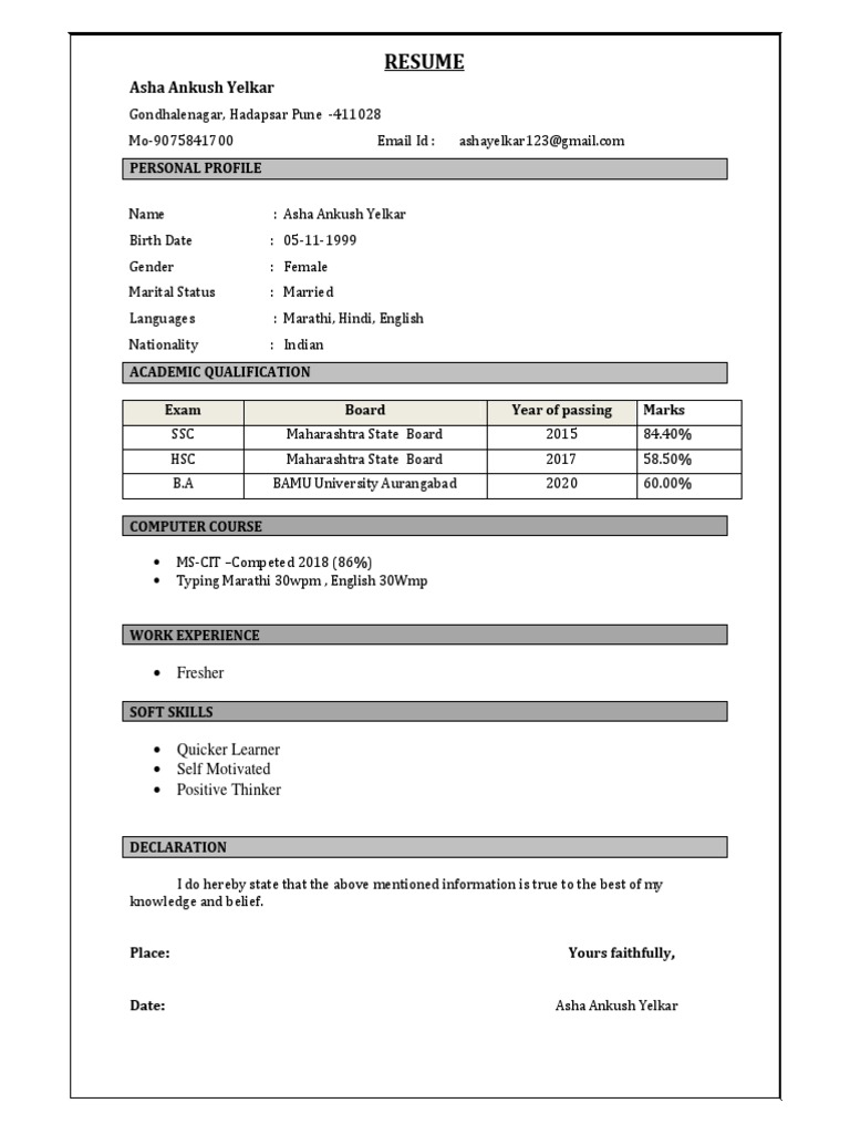 Resume of Asha Ankush Yelkar | PDF | Religion & Spirituality