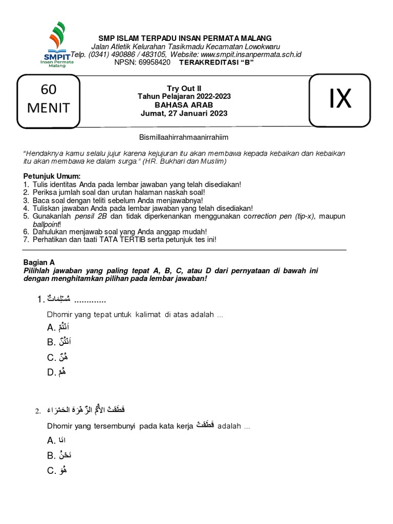 Try Out II Bahasa Arab 9 | PDF