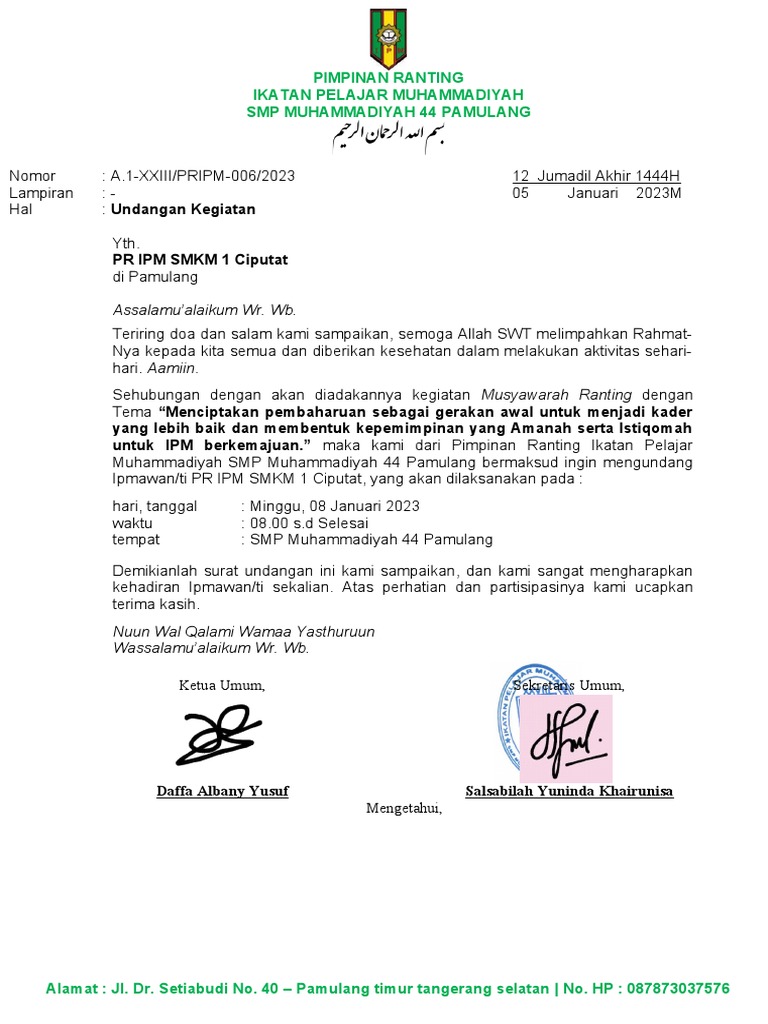 Undangan Musyawarah Ranting IPM SMP 44 | PDF