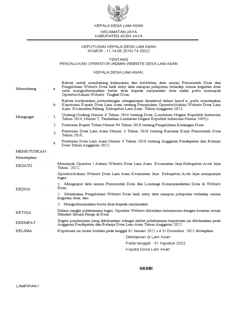 SK Penunjukan Operator Website Desa | PDF