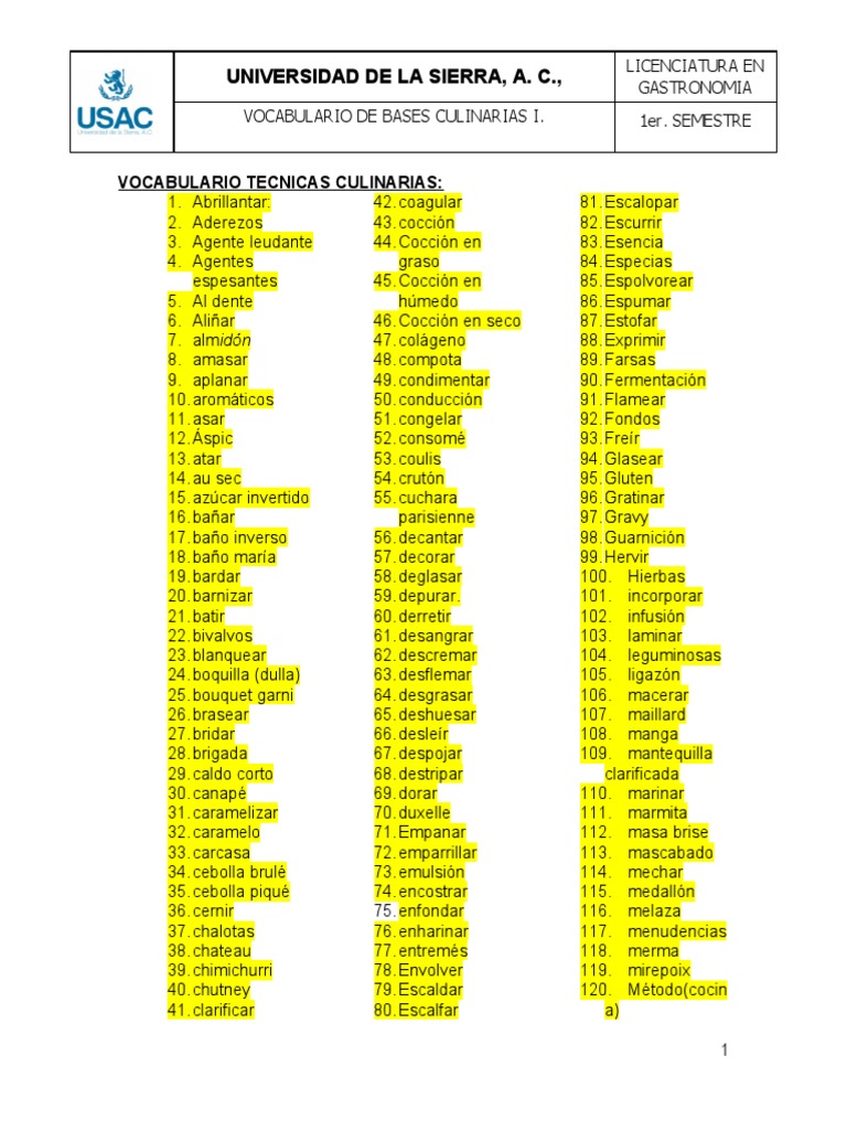 2021 Vocabulario Bases Culinarias I Pdf Preparación De Comida