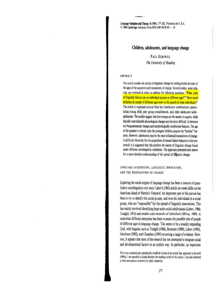 (1996) Children, Adolescents, and Language Change | PDF
