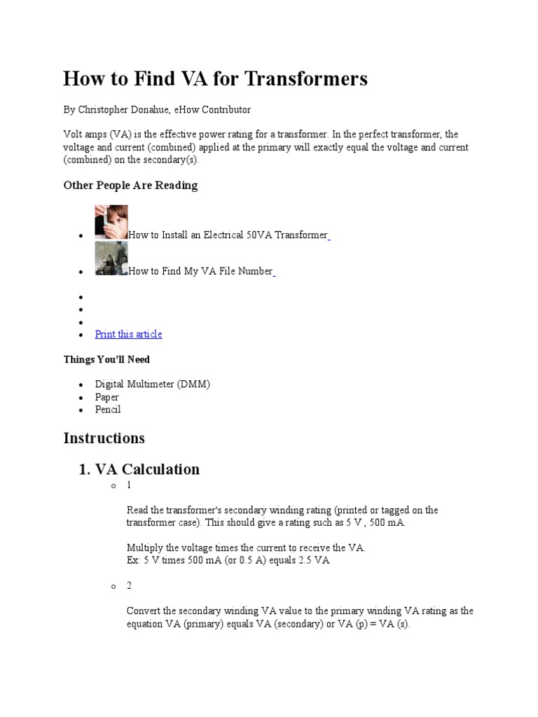 How To Find VA For Transformers | PDF