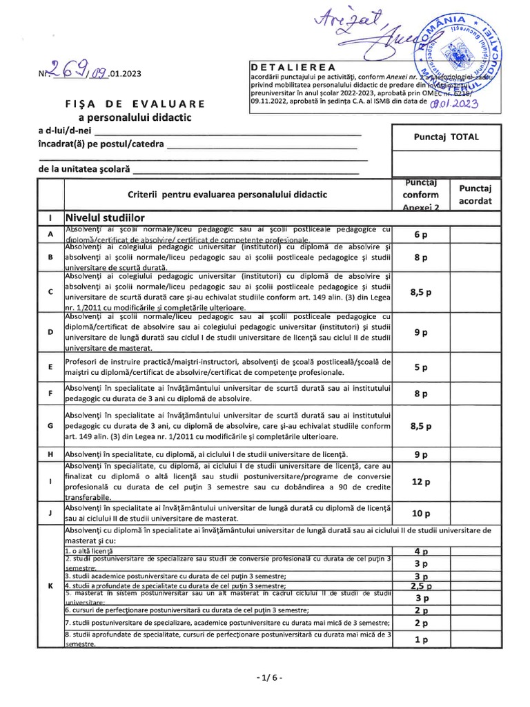 Fisa de Evaluare Personal Didactic | PDF
