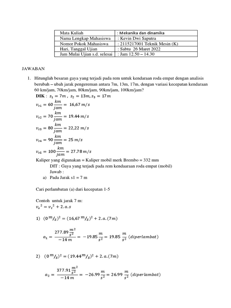 Uts Mekanika Dan Dinamika - Kevin - Dwi - Saputra - 2115217001 | PDF | Teknologi & Rekayasa