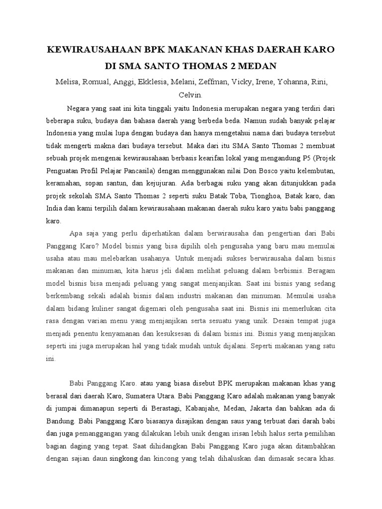 Kewirausahaan BPK Makanan Khas Daerah Karo Di Sma Santo Thomas 2 Medan ...