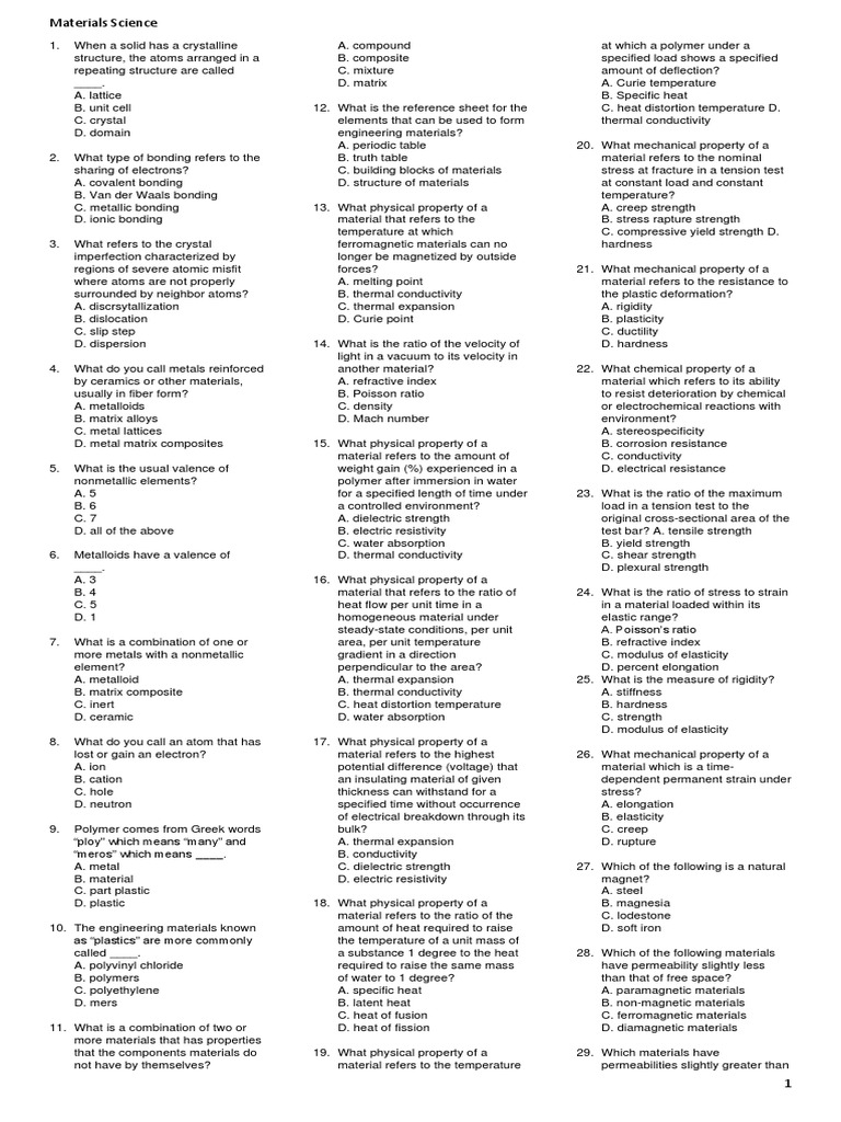 Materials Science Quiz and Answers | PDF | Strength Of Materials | Chemical Bond