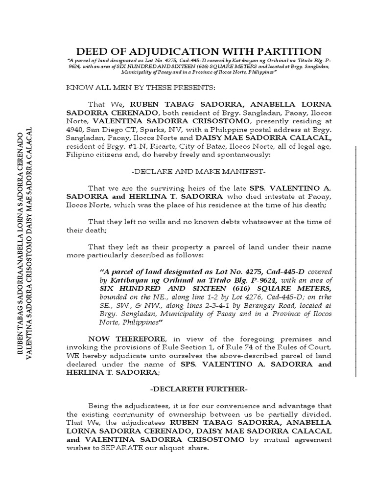 Deed of Adjudication With Partition - Calacal | Download Free PDF ...