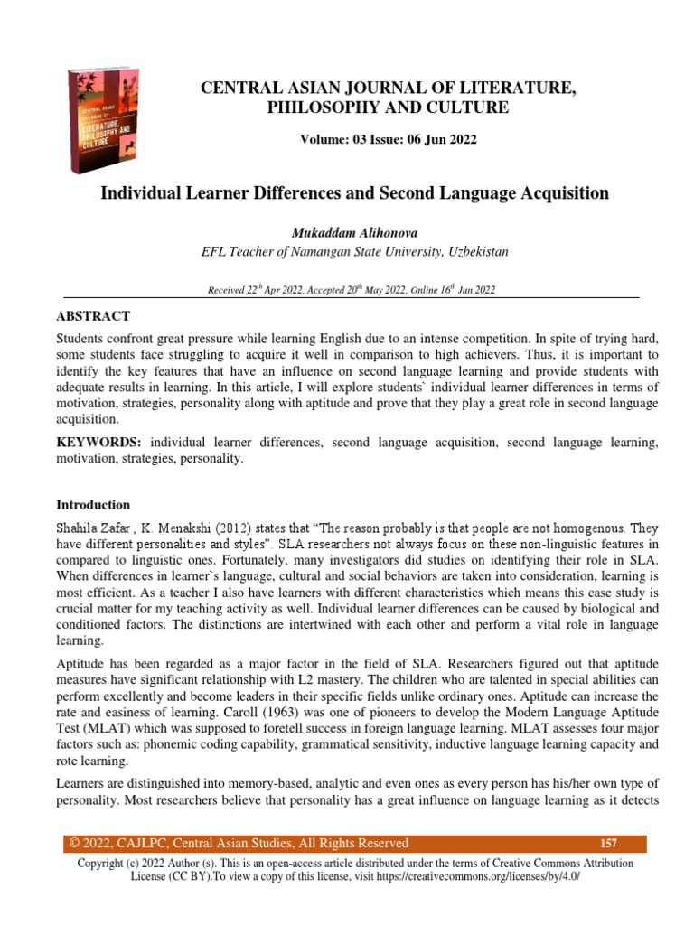 Individual Learner Differences and Second Language Acquisition | PDF | Second Language ...