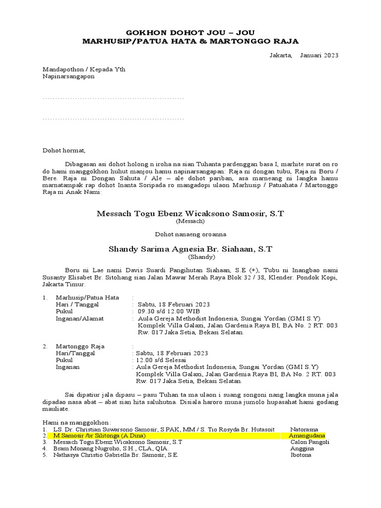 Undangan Marhusip dan Martonggo Raja | PDF