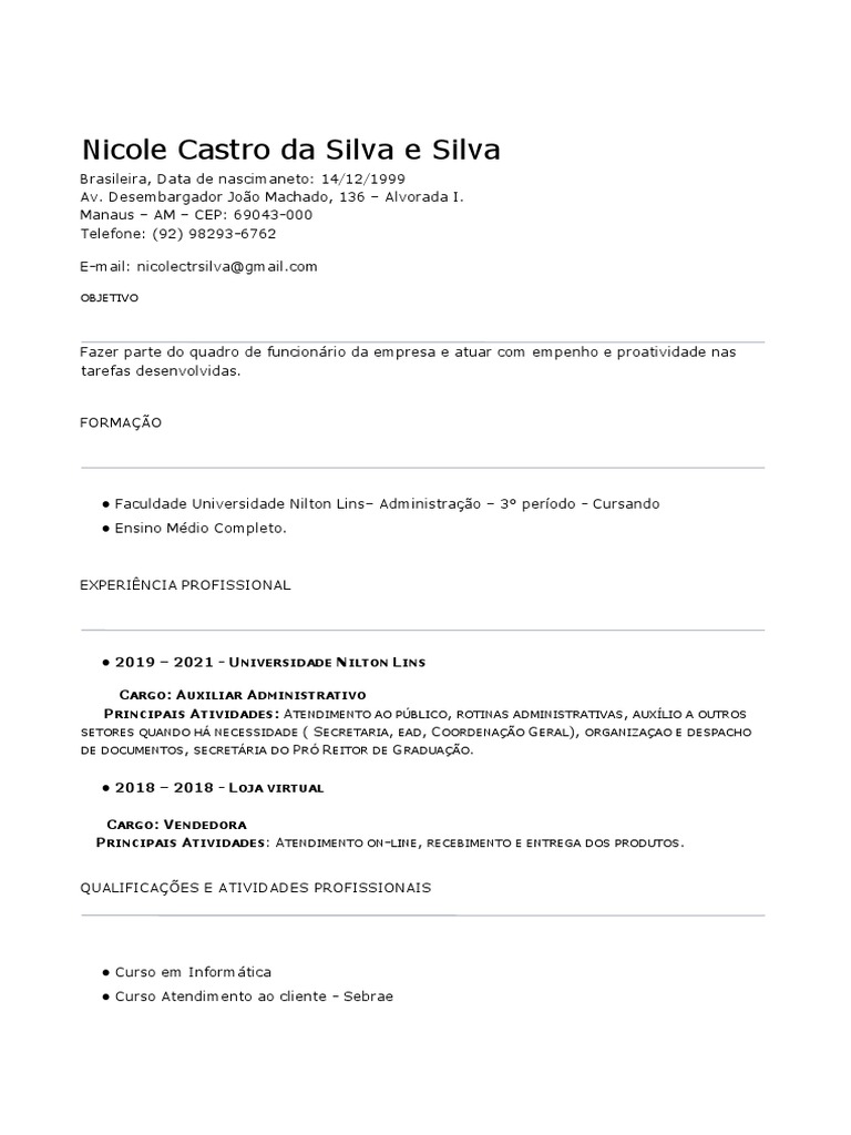 Curriculum Nicole Atualizado - 2023 | PDF