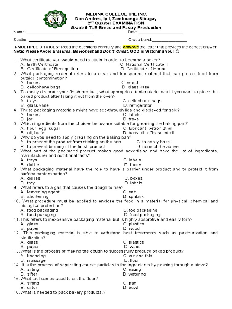 G-9 2ND Quarter Exam 2022 BPP | PDF | Dough | Foods