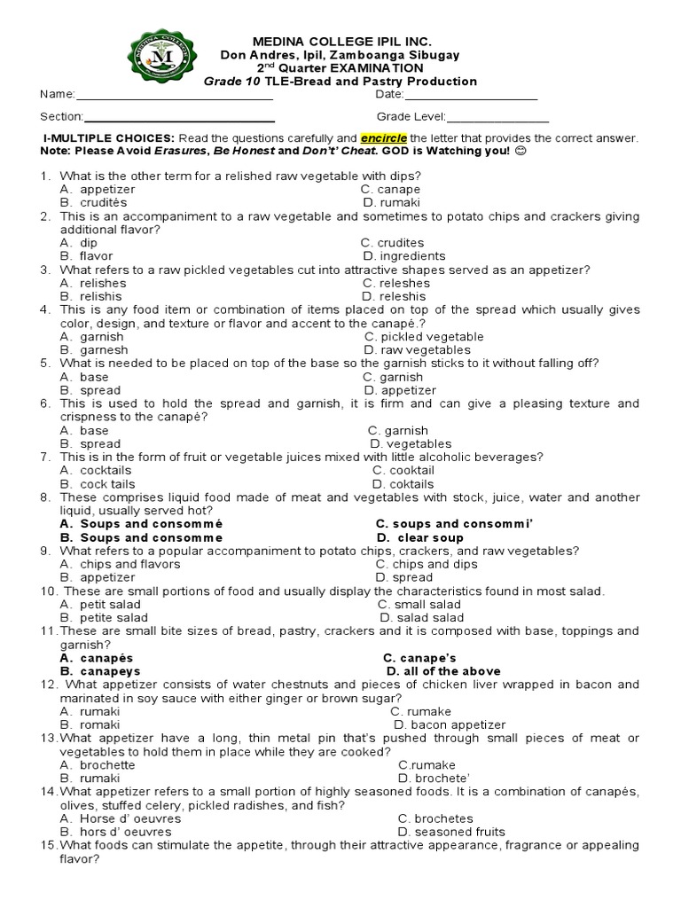 Grade 10 TLE Bread and Pastry Exam | PDF | Hors D'oeuvre | Nutrition