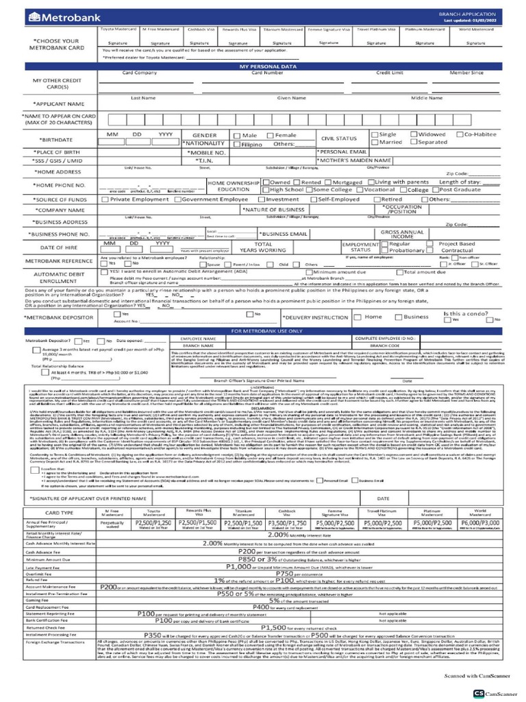 Metrobank Branch Application Form (No Cards With PEP) | PDF