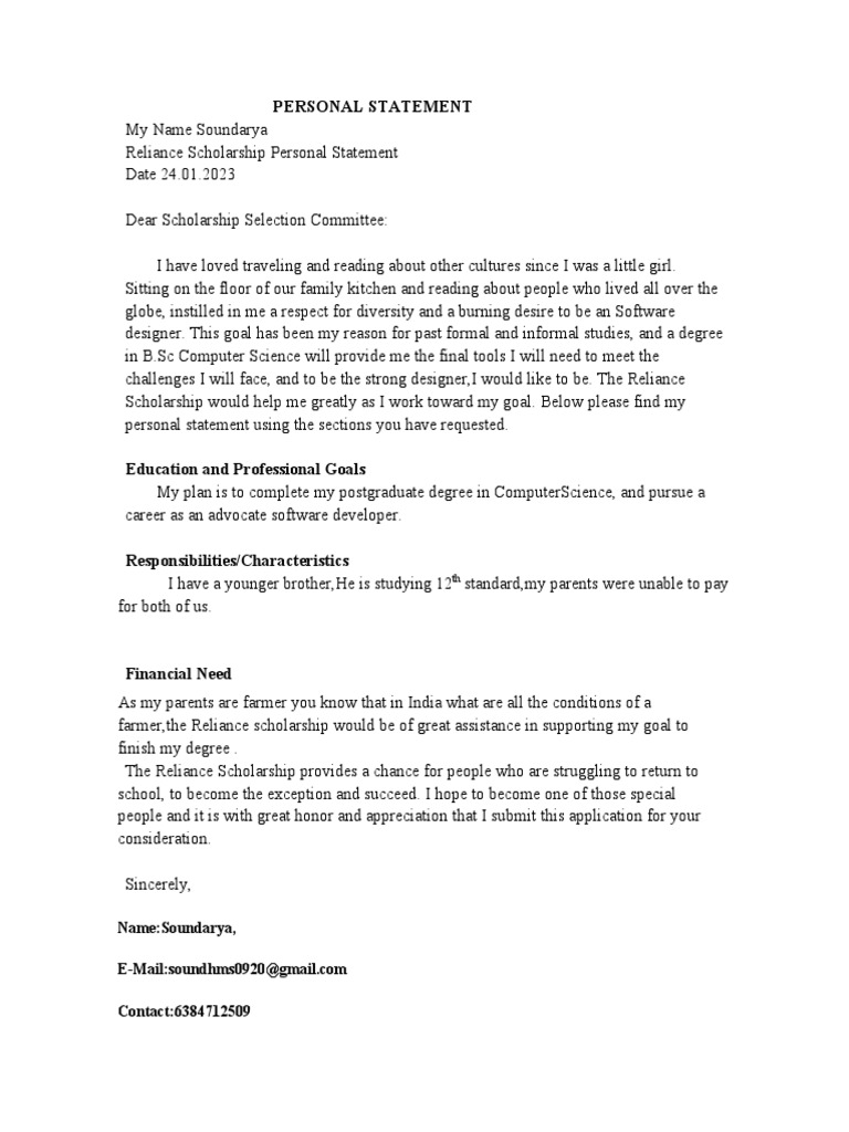 Reliance Scholarship Personal Statement | PDF | Career & Growth
