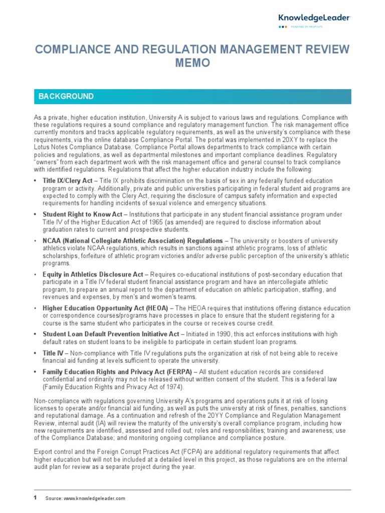 Compliance and Regulation Management Review Memo | PDF | Internal Audit ...