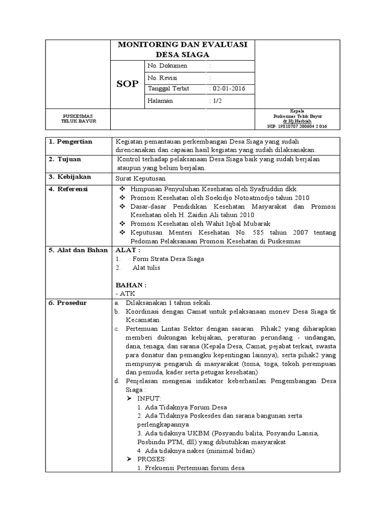 Sop Monitoring Dan Evaluasi Desa Siaga | PDF